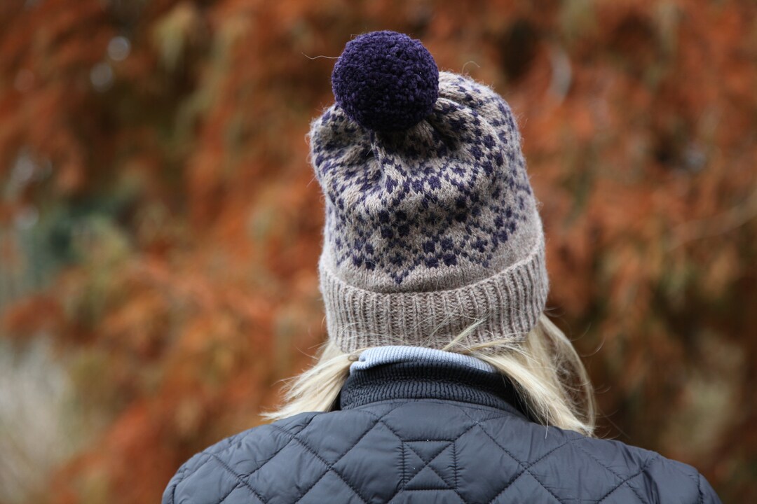 Wool Alpaca Fair Isle Bobble Hat. Beige Purple Winter Jacquard Hat With ...