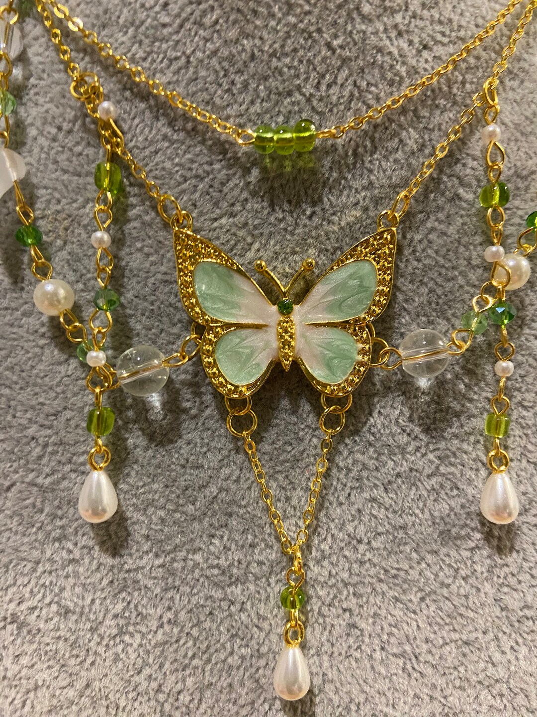 Butterfly Necklace With Three Strands Green Enamel Butterfly - Etsy