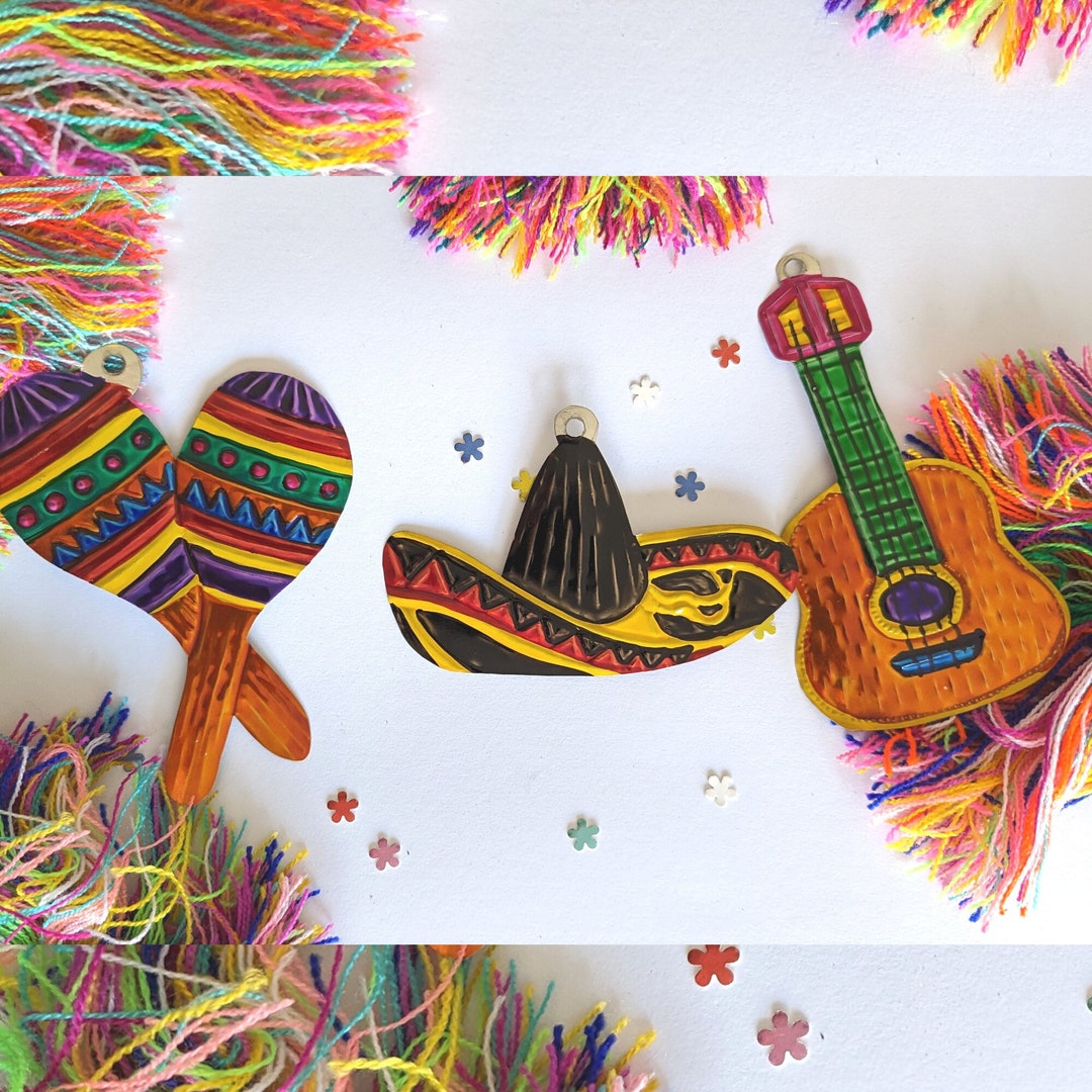 Set of Handmade Mexican Fiesta Wall Hanging Decorations Garland Metal ...
