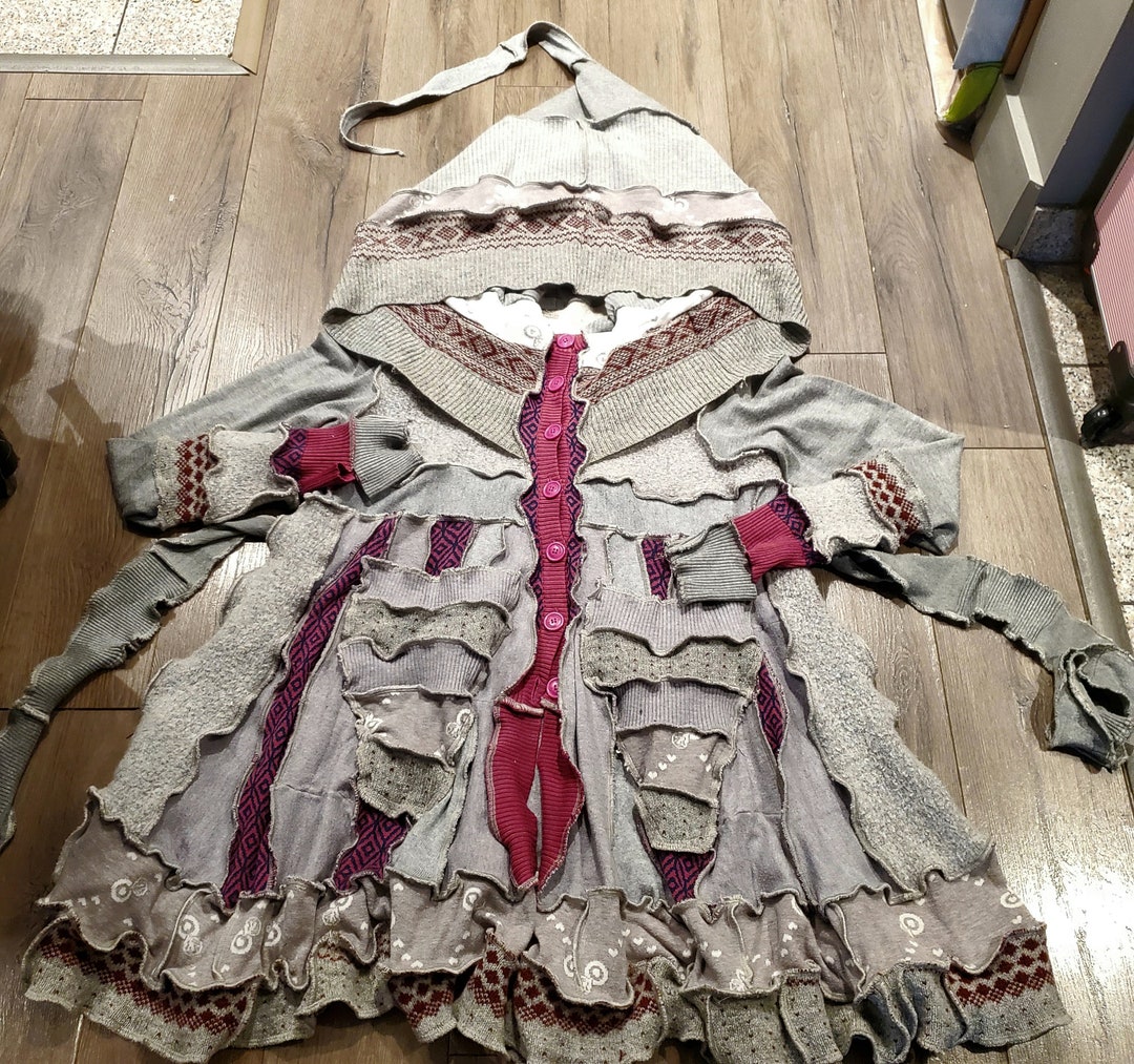 Recycle Upcycled Coat, Empire Waist Hooded Pixie Coat, Belted, Pockts ...