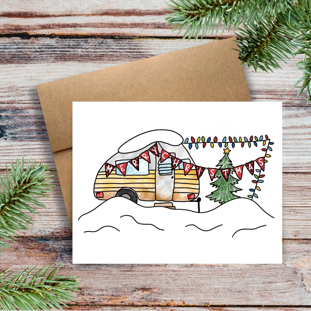 Merry Christmas Camper Card Happy Camper Watercolor Vintage Camper ...