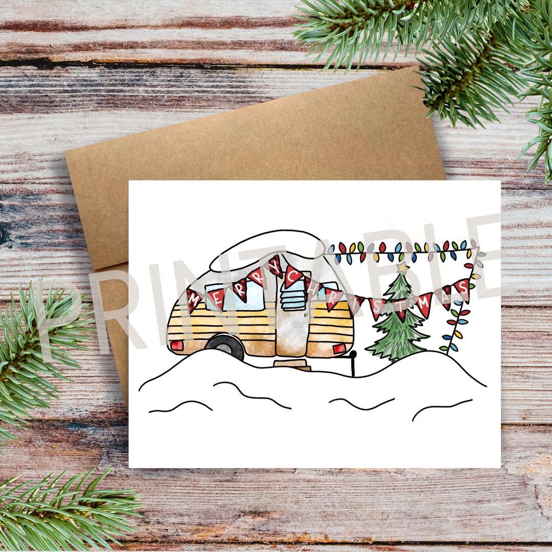 PRINTABLE Merry Christmas Camper Card Happy Camper | Watercolor Vintage ...