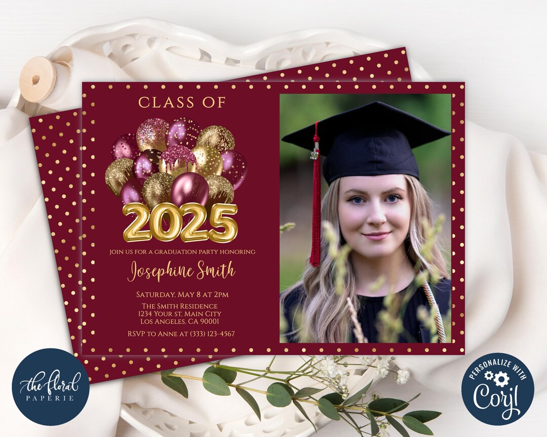 Graduation Party Invitation Template, Editable Burgundy and Gold ...