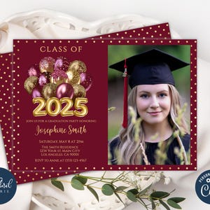 Graduation Party Invitation Template, Editable Burgundy and Gold ...