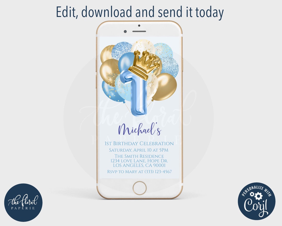 1st Birthday Text Invitation Template Editable Balloon - Etsy