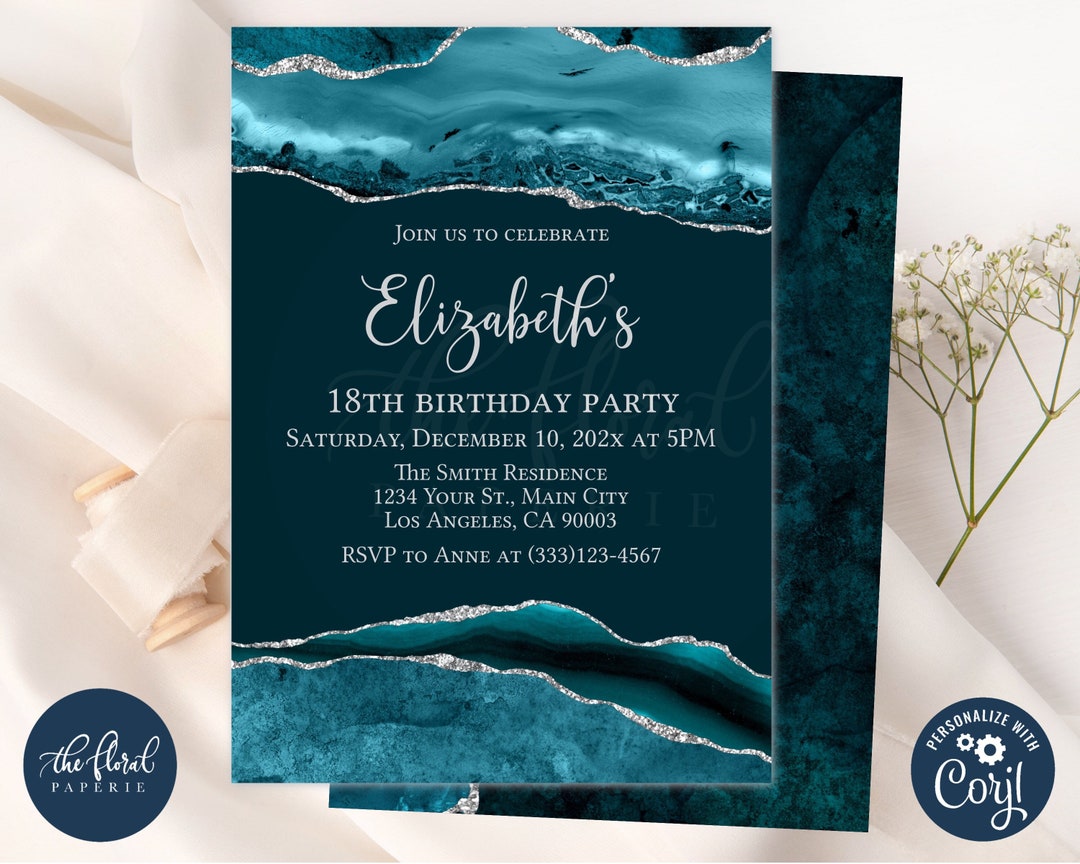 Teal and Silver Birthday Invitation Template Editable Any Age - Etsy