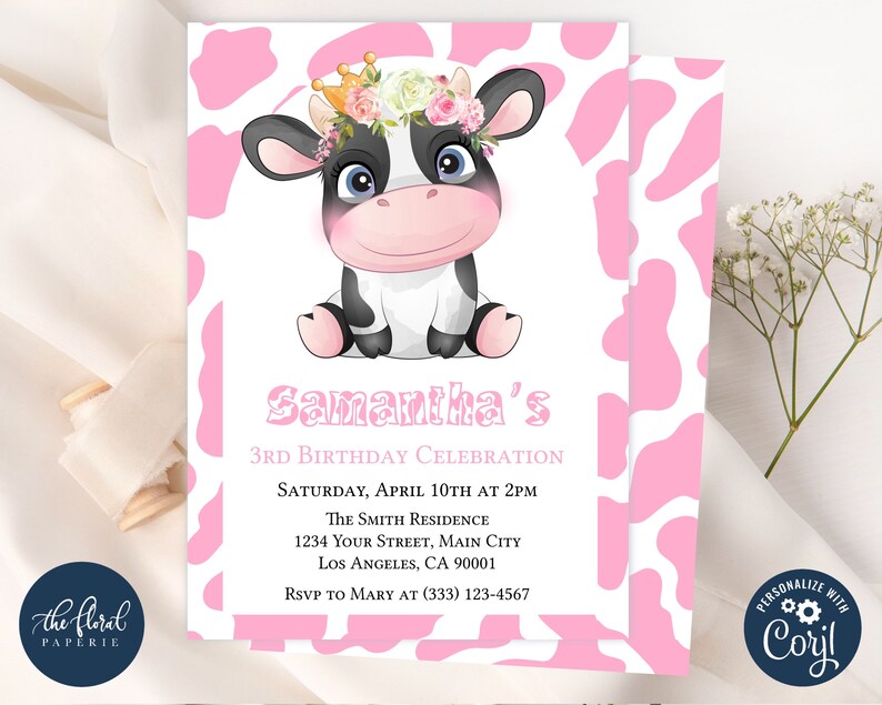 Cow Birthday Invitation Template, Editable Cow Birthday Invites, Girl ...