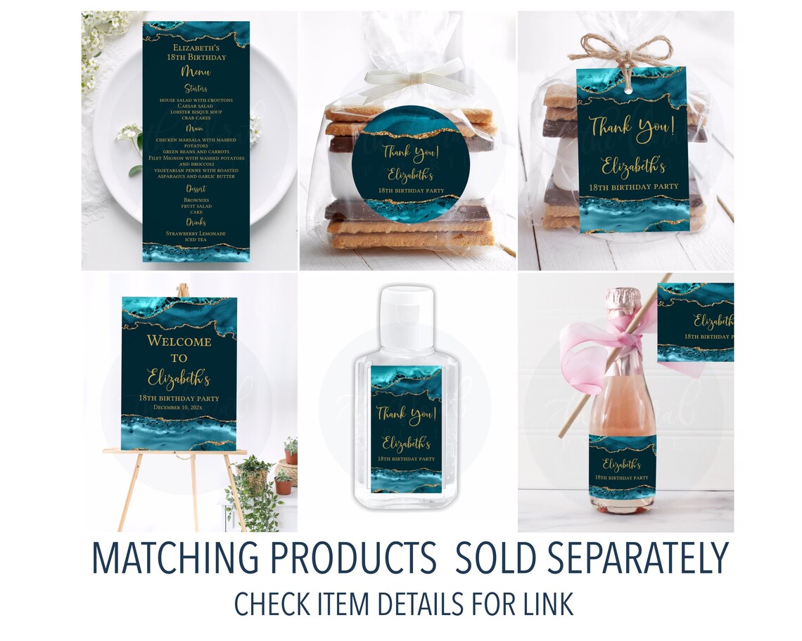 Teal and Gold Water Bottle Label Template, Editable Agate Water Bottle ...