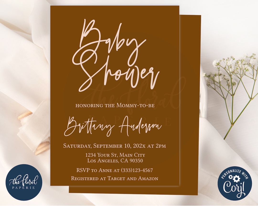 Editable Boho Baby Shower Invitation Template , Brown Minimalist Invite ...