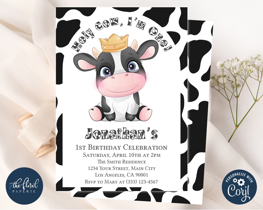 Cow Birthday Invitation Template, Holy Cow 1st Birthday Invites, Boy ...