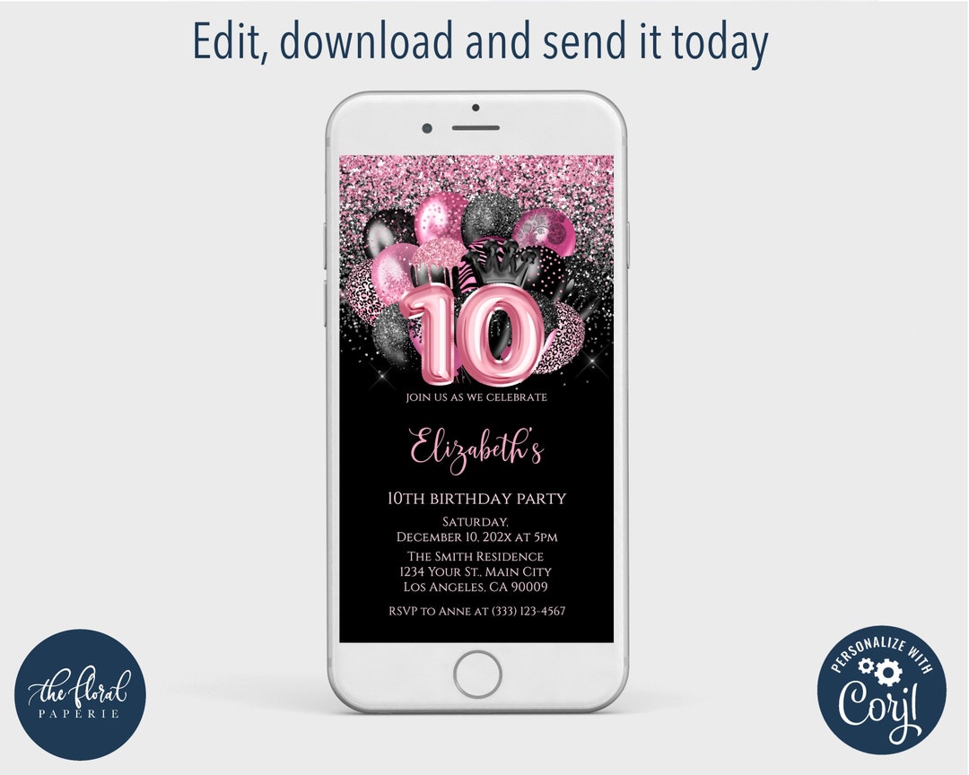 10th Birthday Text Invitation Template, Editable Black and Pink ...