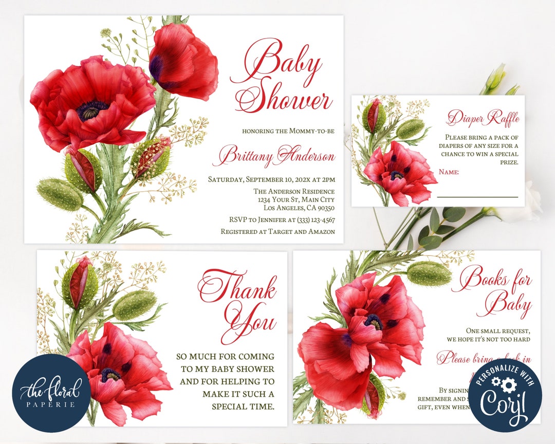 Red Poppy Baby Shower Invitation Template, Floral Party Invite (digital ...