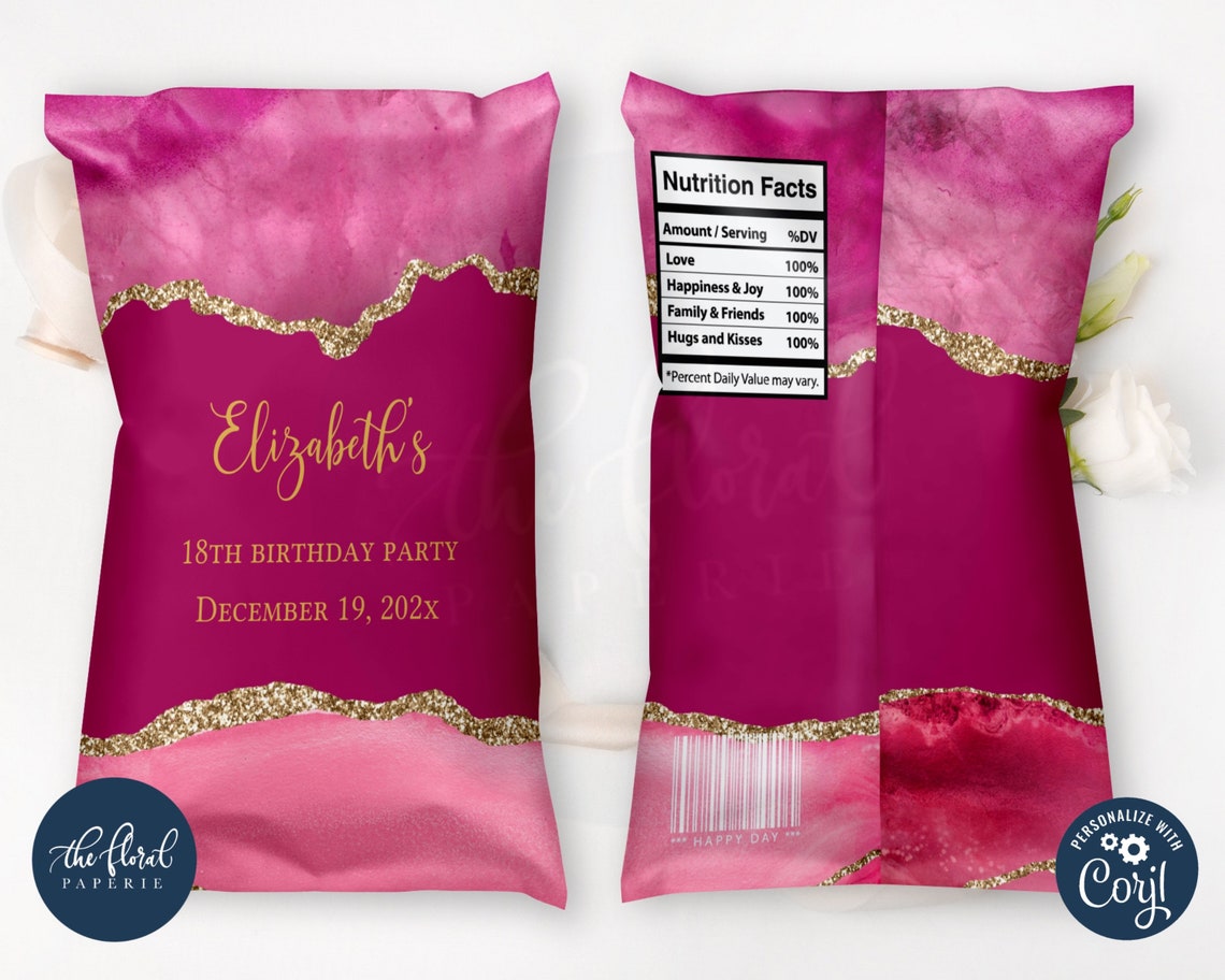Pink and Gold Chip Bag Template Editable Potato Chip Bag - Etsy