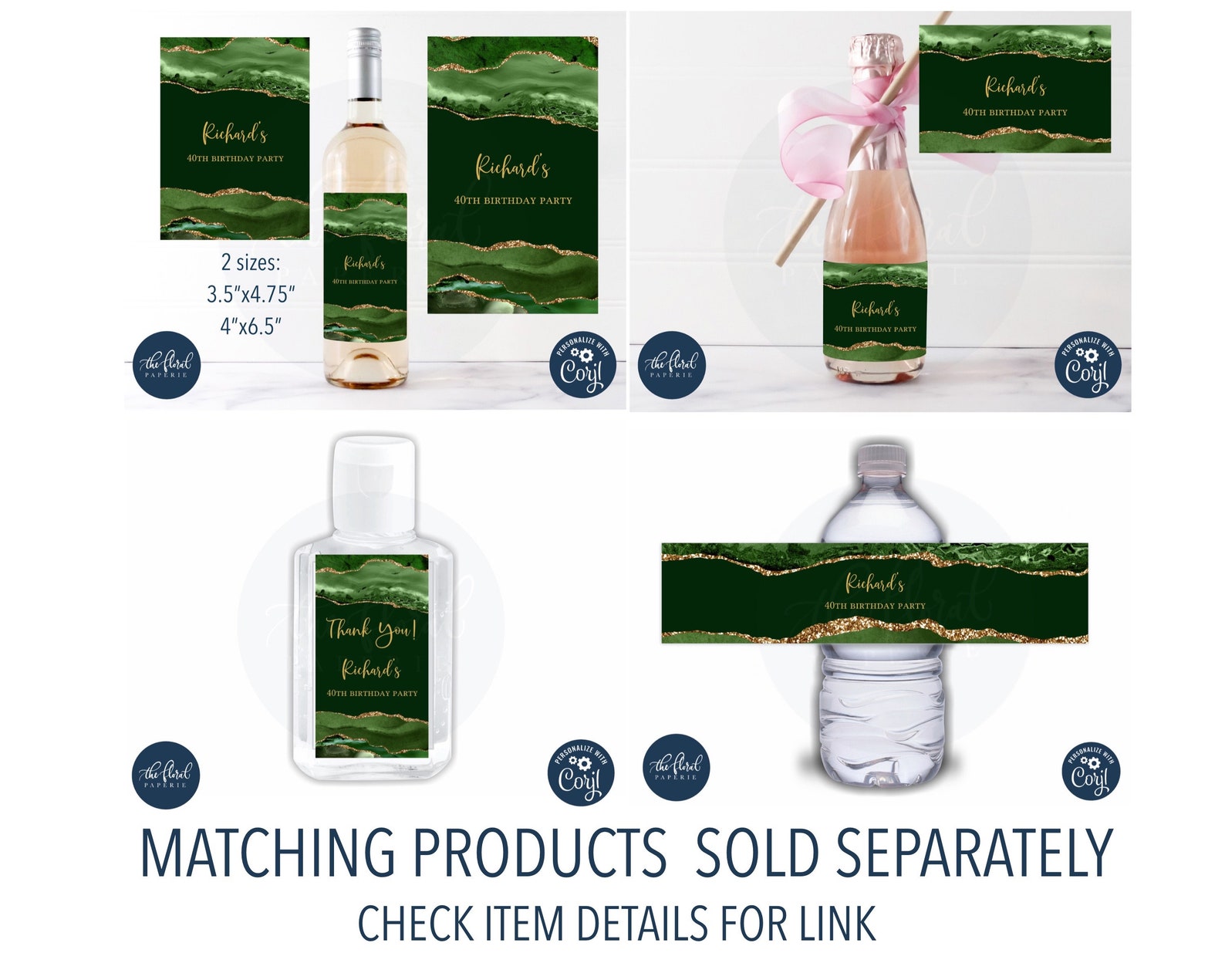 Green and Gold Water Bottle Label Template, Editable Agate Water Bottle ...