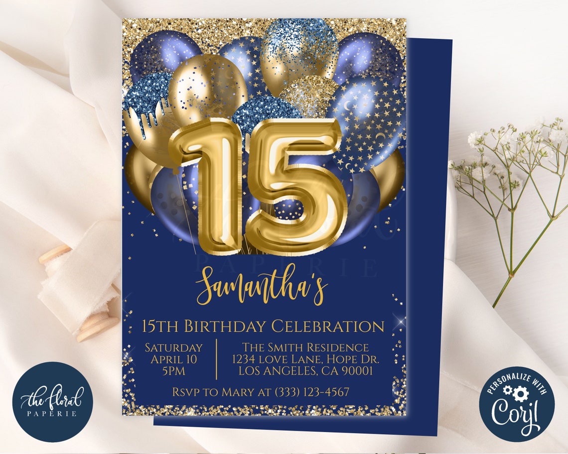 15th Birthday Invitation Template Navy Blue and Gold - Etsy