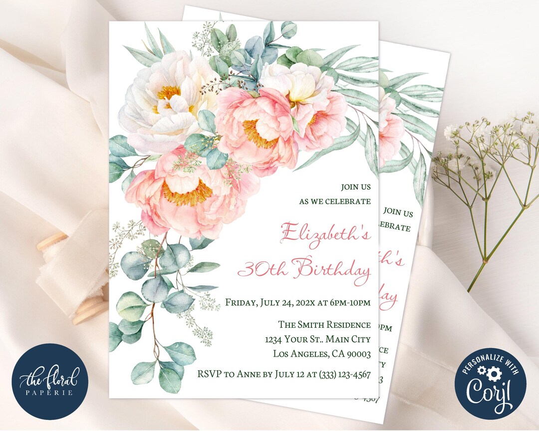 Blush Peonies Birthday Invitation Template, Floral Birthday Invites ...