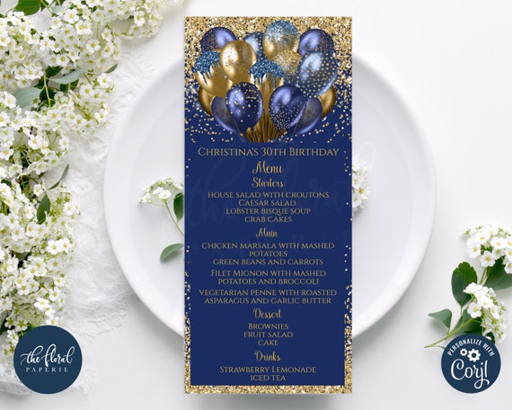 Blue and Gold Menu Card Template Editable Event Menu Card - Etsy
