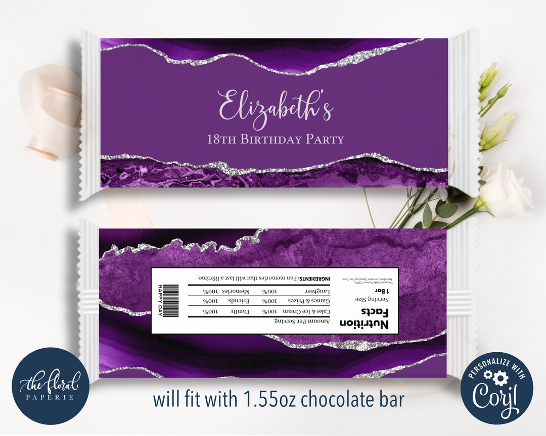 Purple and Silver Chocolate Wrapper Template, Editable Candy Bar ...