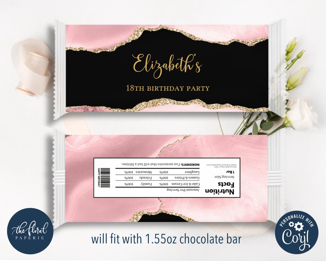 Blush and Black Chocolate Wrapper Template, Editable Candy Bar Wrapper ...