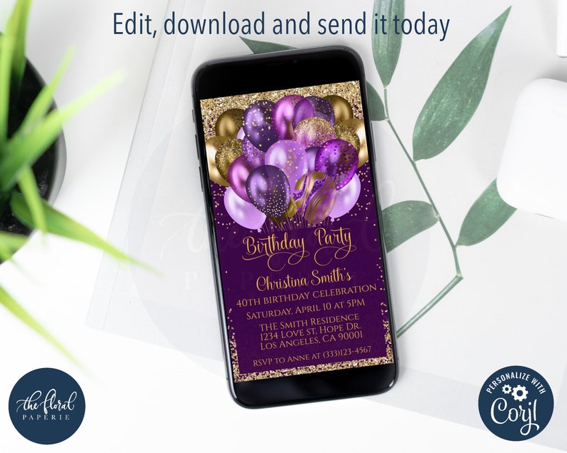 Purple and Gold Birthday Text Invitation Template Editable | Etsy