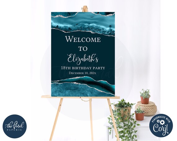 Teal and Silver Birthday Welcome Sign Template Printable | Etsy