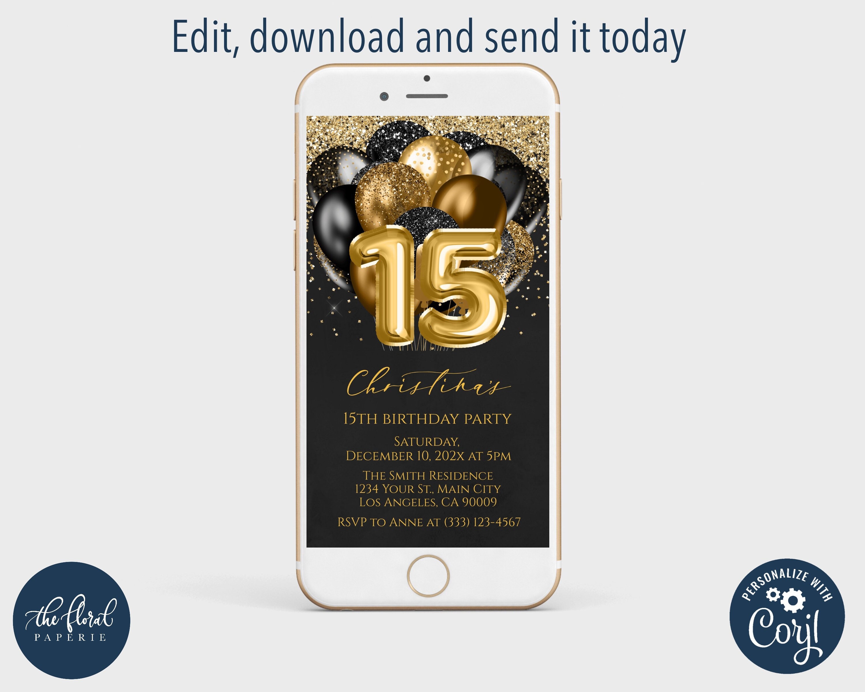 Black and Gold 15th Birthday Text Invitation Template, (digital) - Etsy