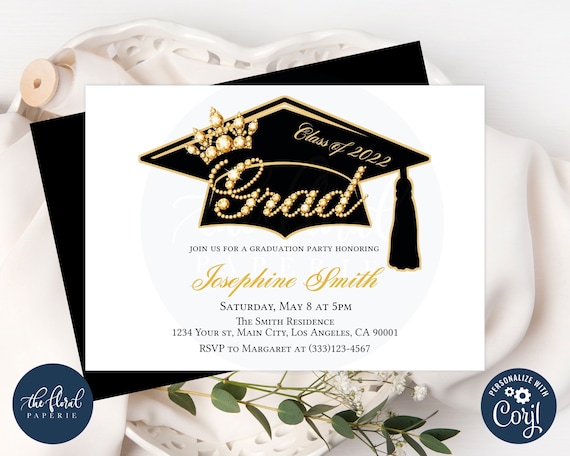Graduation Party Invitation Template Editable Black and Gold - Etsy