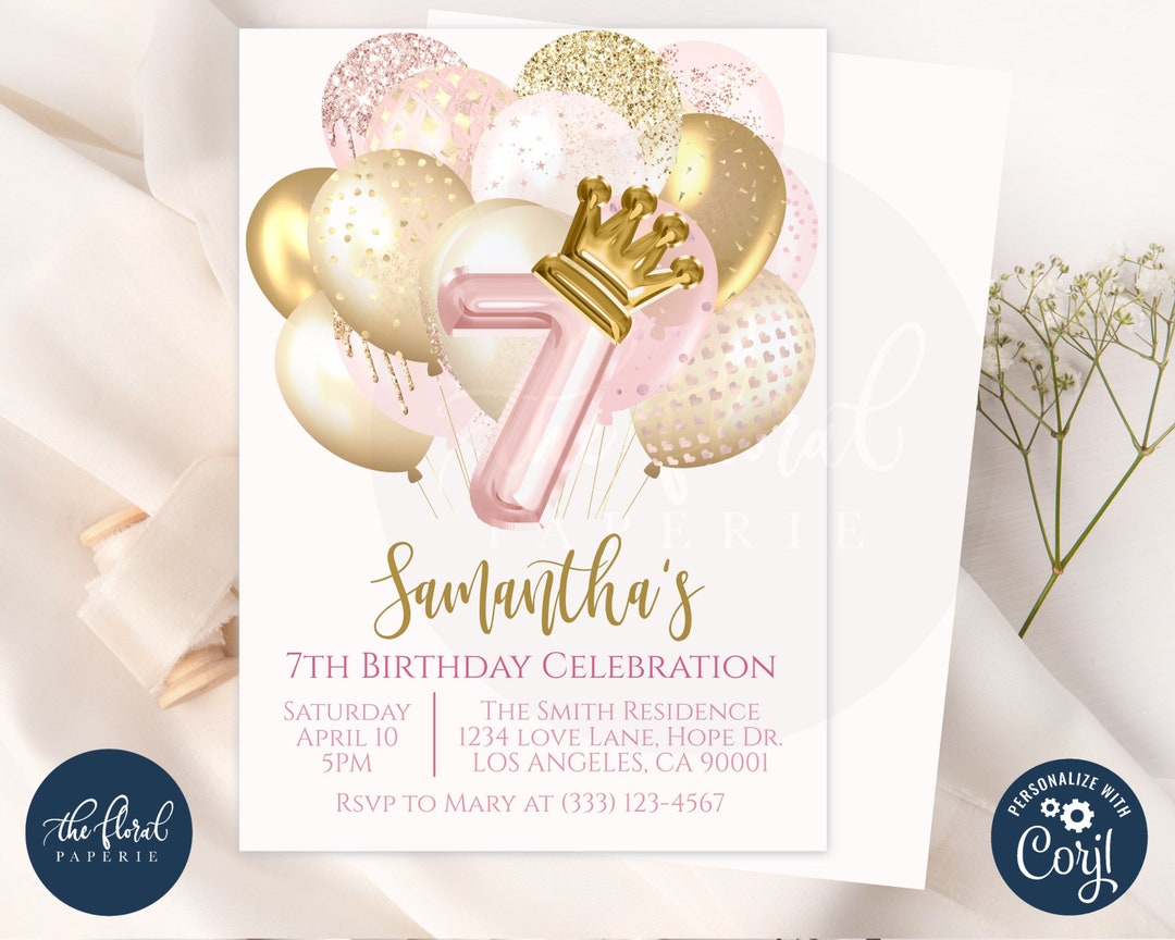 7th Birthday Invitation Template Editable Blush and Gold - Etsy