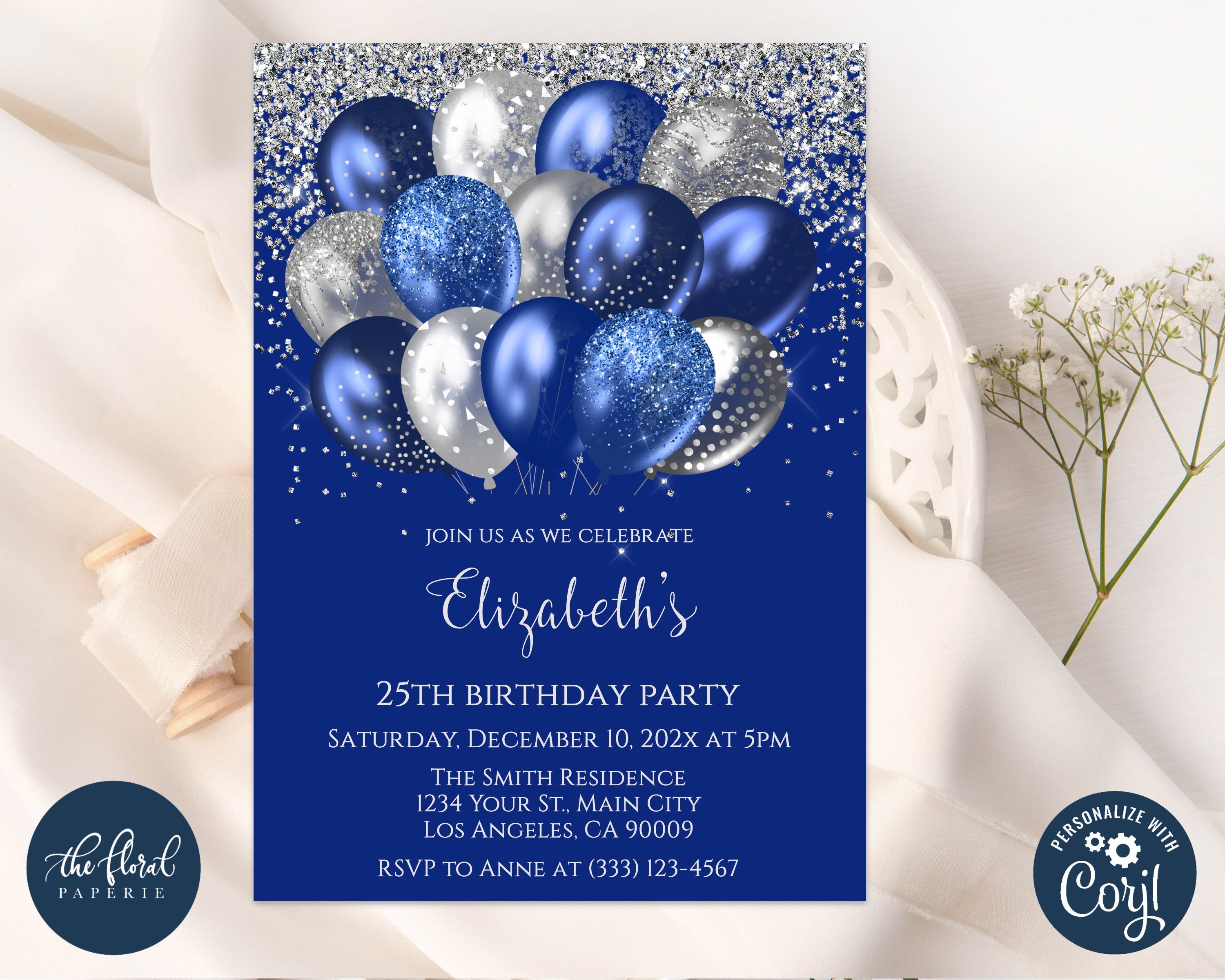 Blue and Silver Balloon Birthday Invitation Template, Editable Party ...