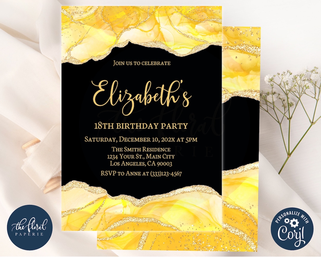 Yellow and Black Birthday Invitation Template, Editable Any Age ...