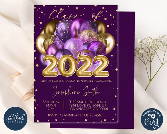Graduation Party Invitation Template Editable Purple and Gold | Etsy