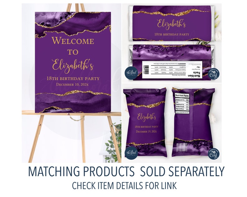 Purple and Gold Agate Birthday Welcome Sign, Welcome Party Poster ...