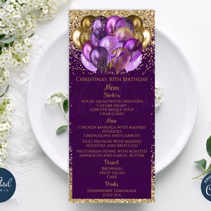 Purple and Gold Menu Card Template Editable Event Menu Card | Etsy
