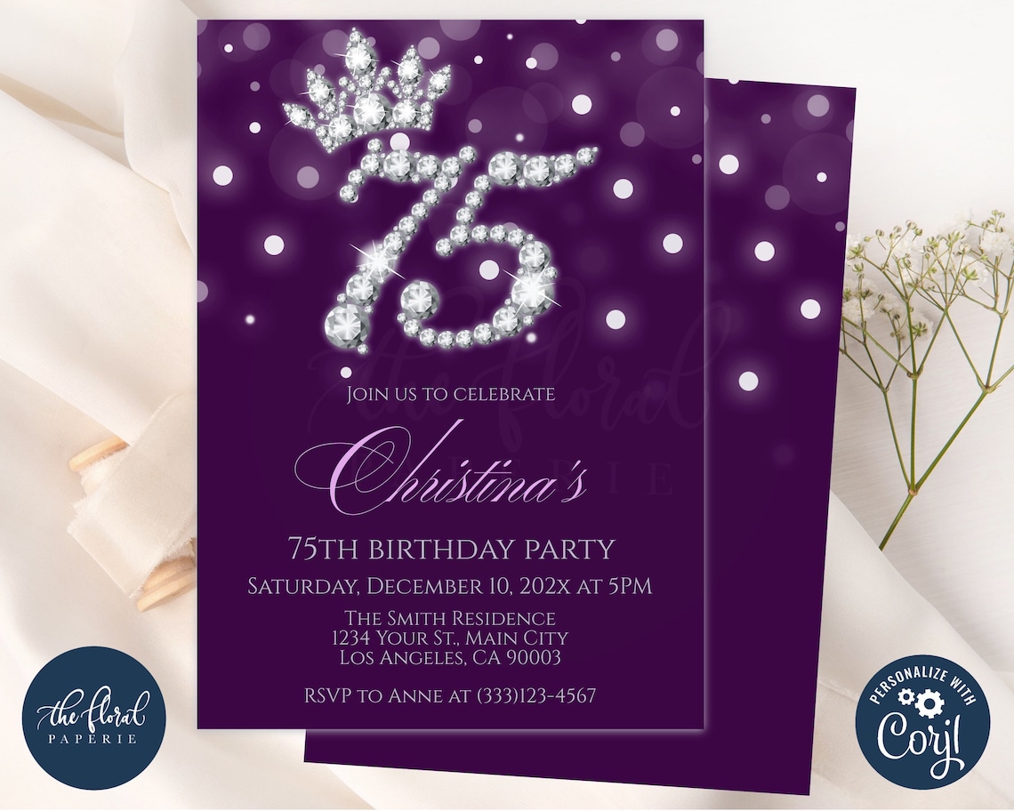 75th Birthday Invitation Template, Editable Purple and Silver Birthday ...