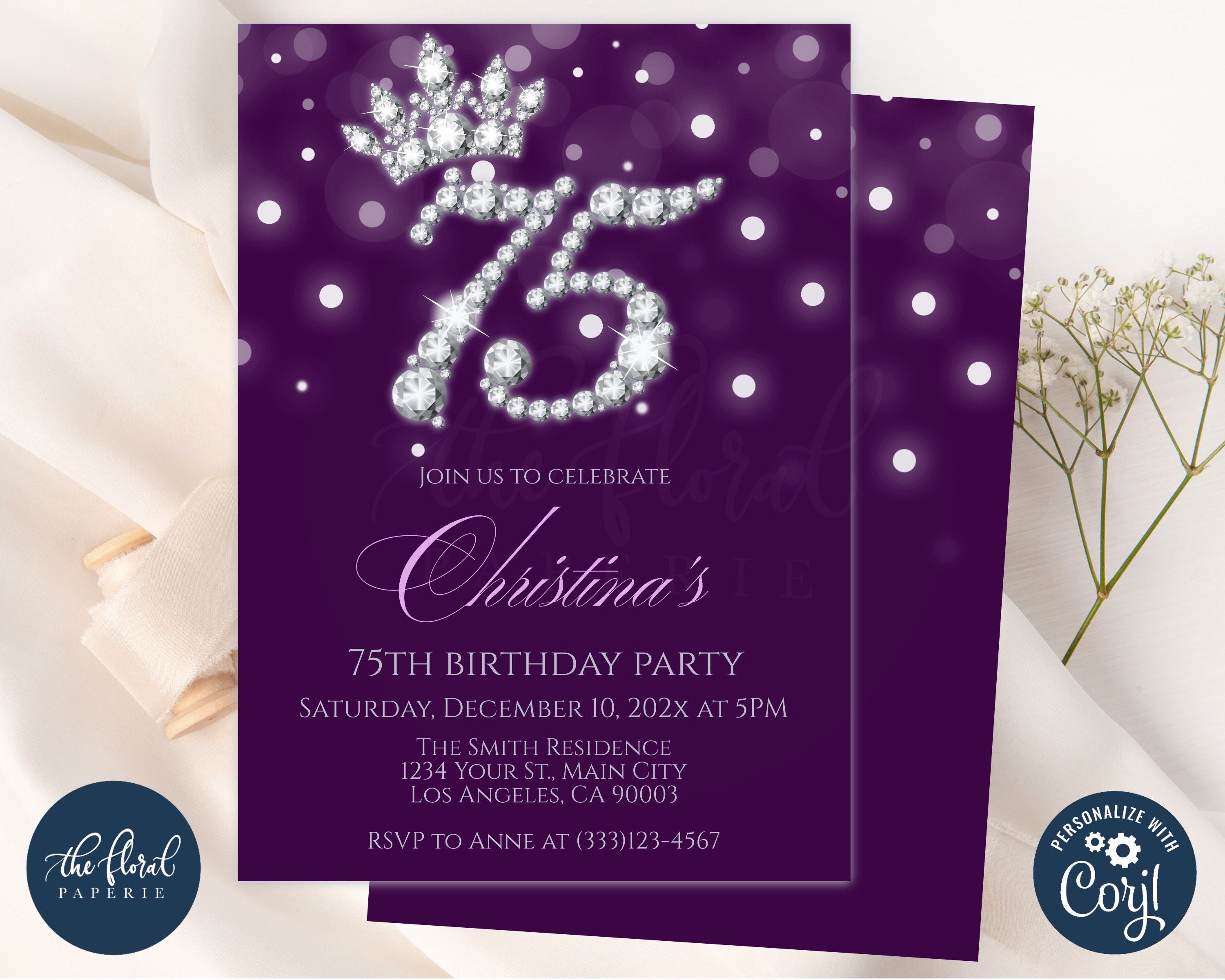 75th Birthday Invitation Template Editable Purple And Silver Etsy