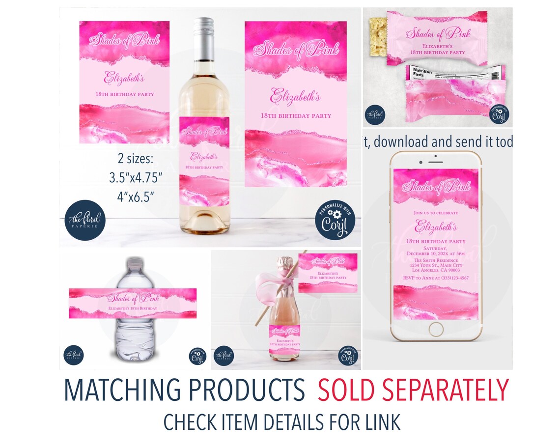 Shades of Pink Wine Label Template, Editable Agate Wine Bottle Labels ...