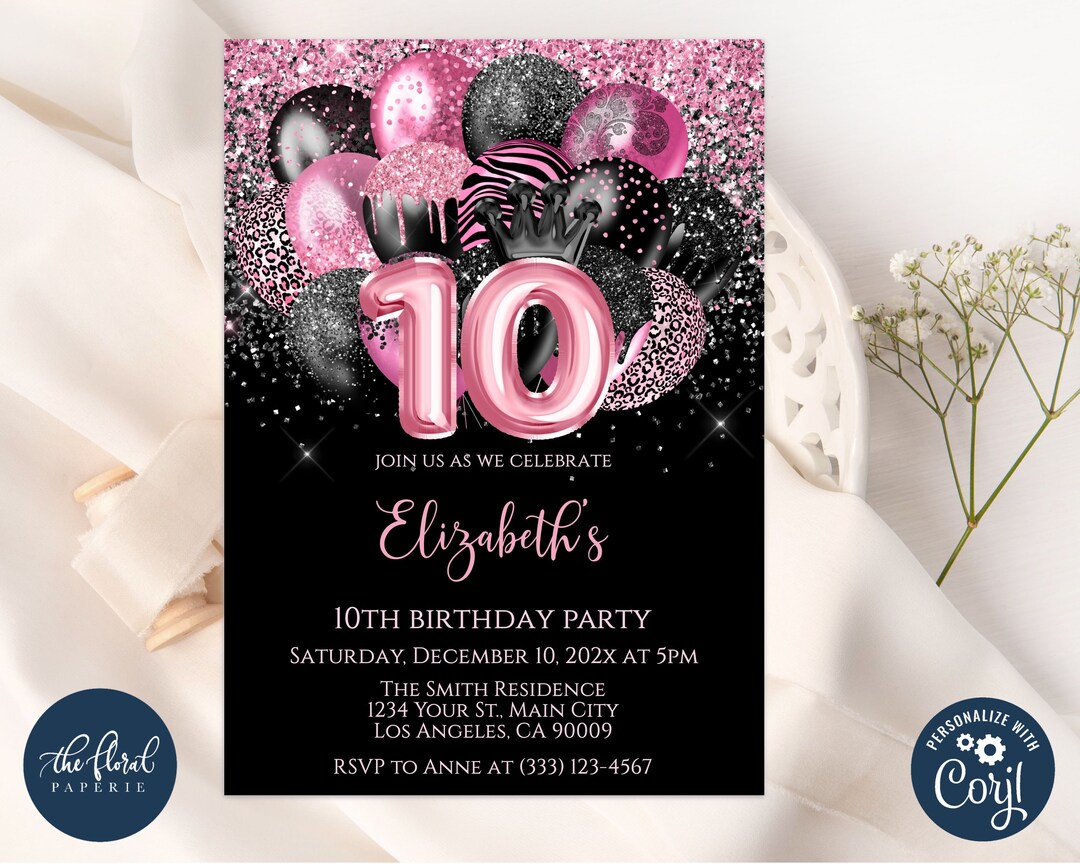 10th Birthday Invitation Template, Editable Black and Pink Birthday ...