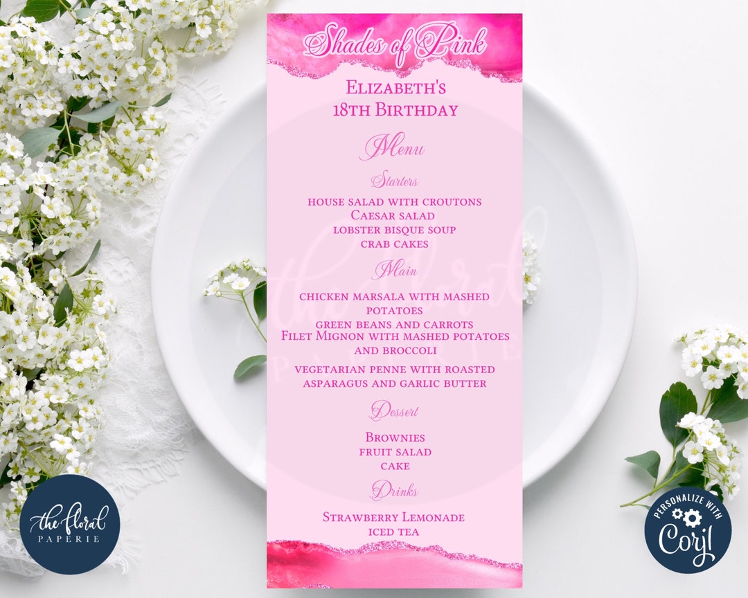 Shades of Pink Menu Card Template, Editable Event Menu Card, Printable ...