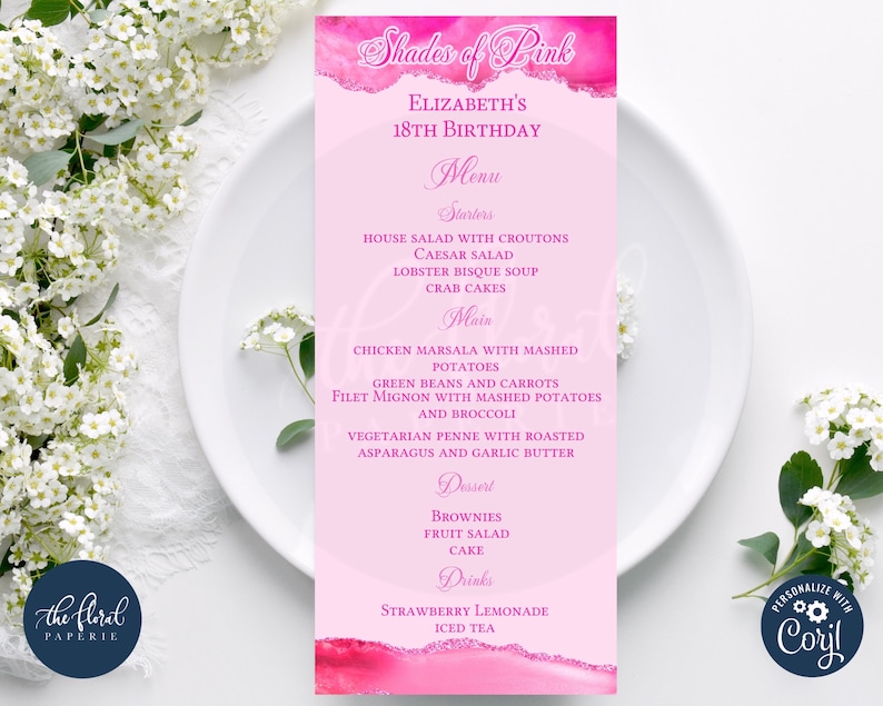 Shades of Pink Menu Card Template Editable Event Menu Card - Etsy