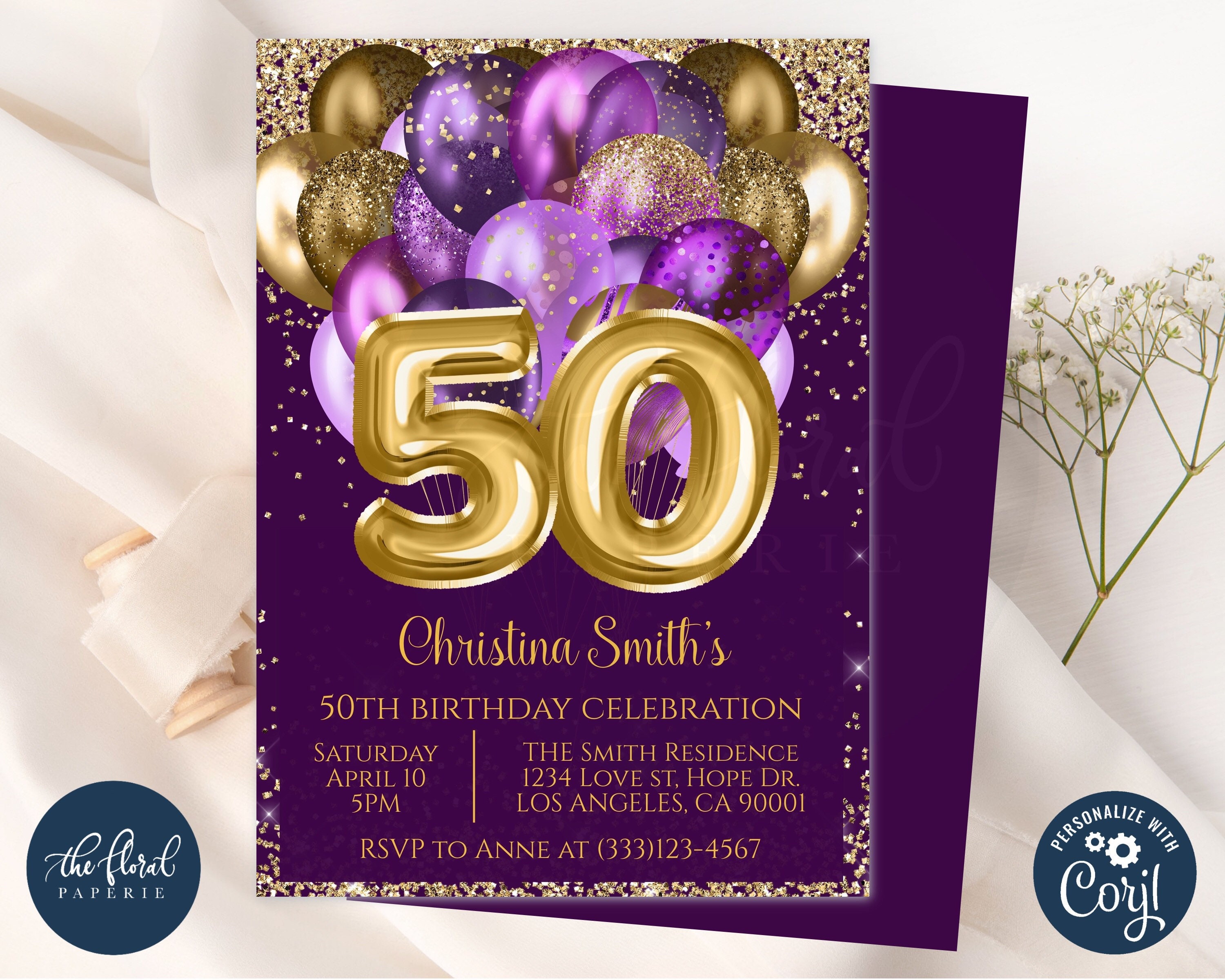 50th birthday invitation template editable purple and gold | Etsy