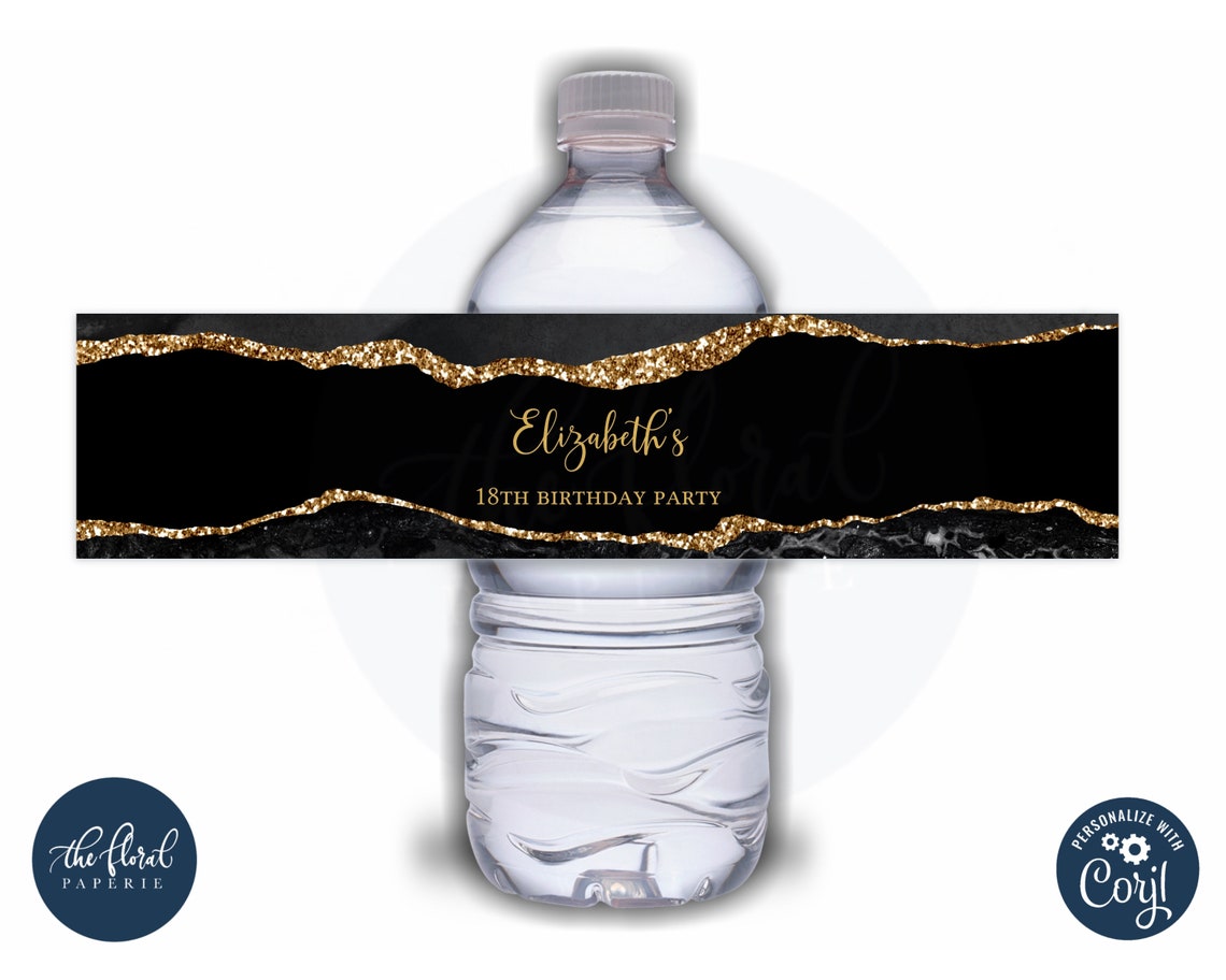 Black and Gold Water Bottle Label Template, Editable Agate Water Bottle ...