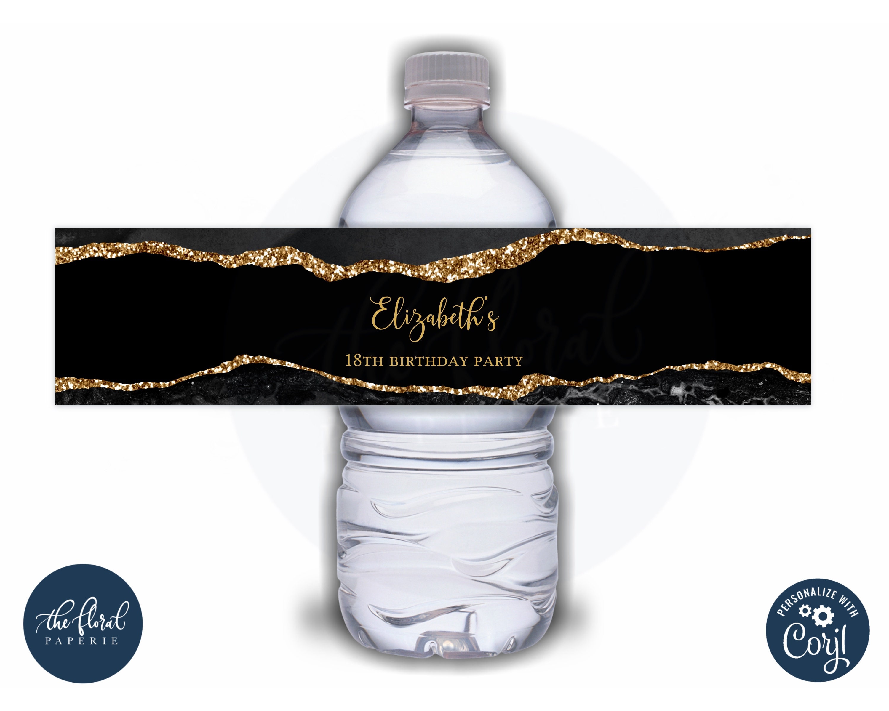 Black and Gold Water Bottle Label Template Editable Agate - Etsy