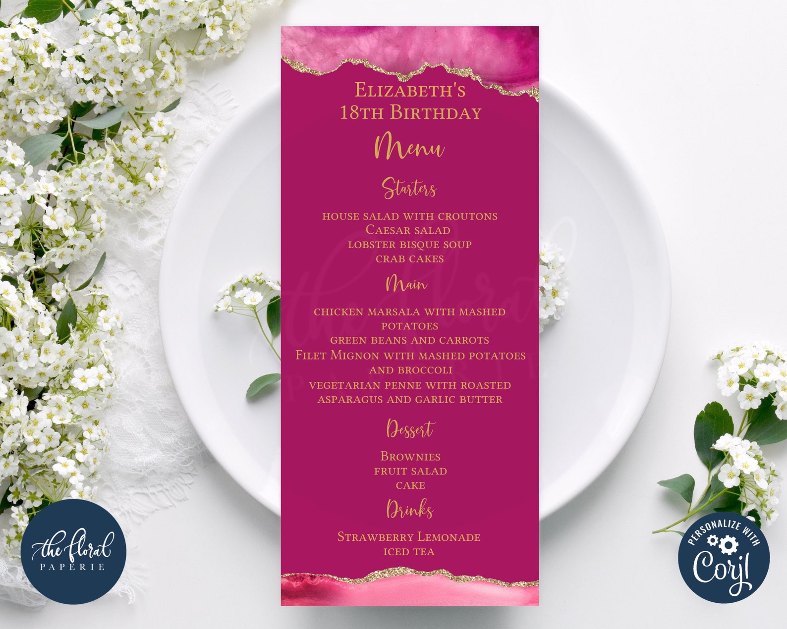 Pink and Gold Menu Card Template Editable Event Menu Card | Etsy