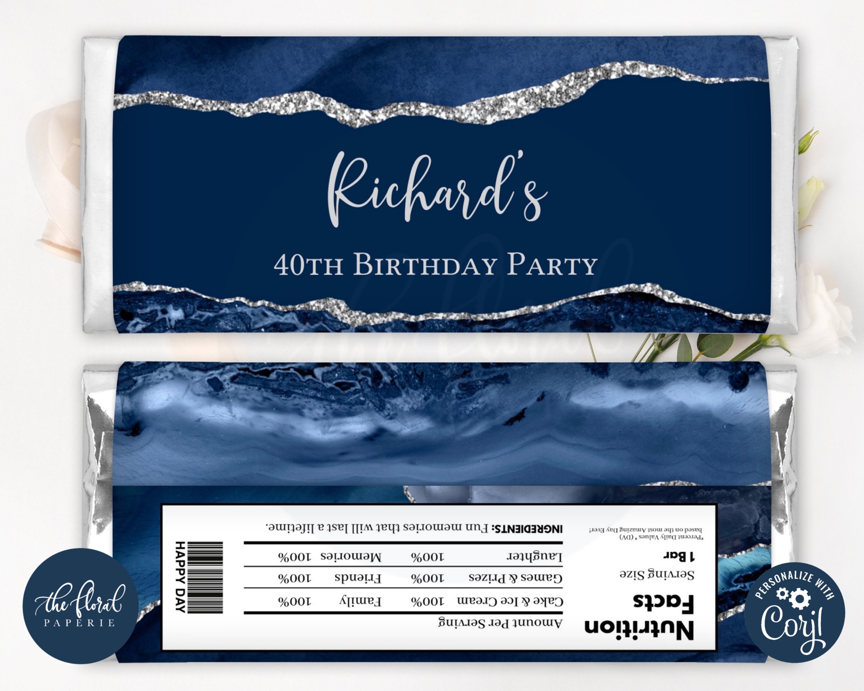 Blue and Silver Chocolate Wrapper Template Editable Candy Bar - Etsy