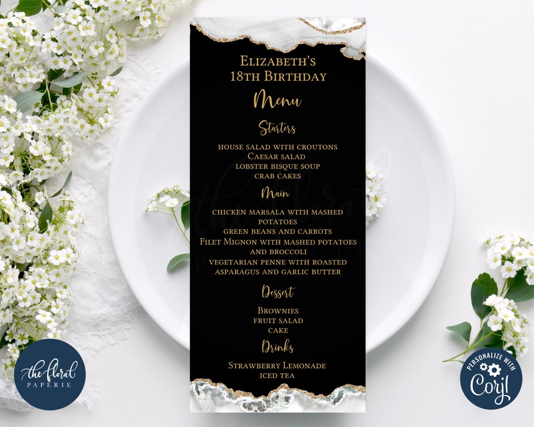 Black and White Menu Card Template, Editable Event Menu Card, Printable ...