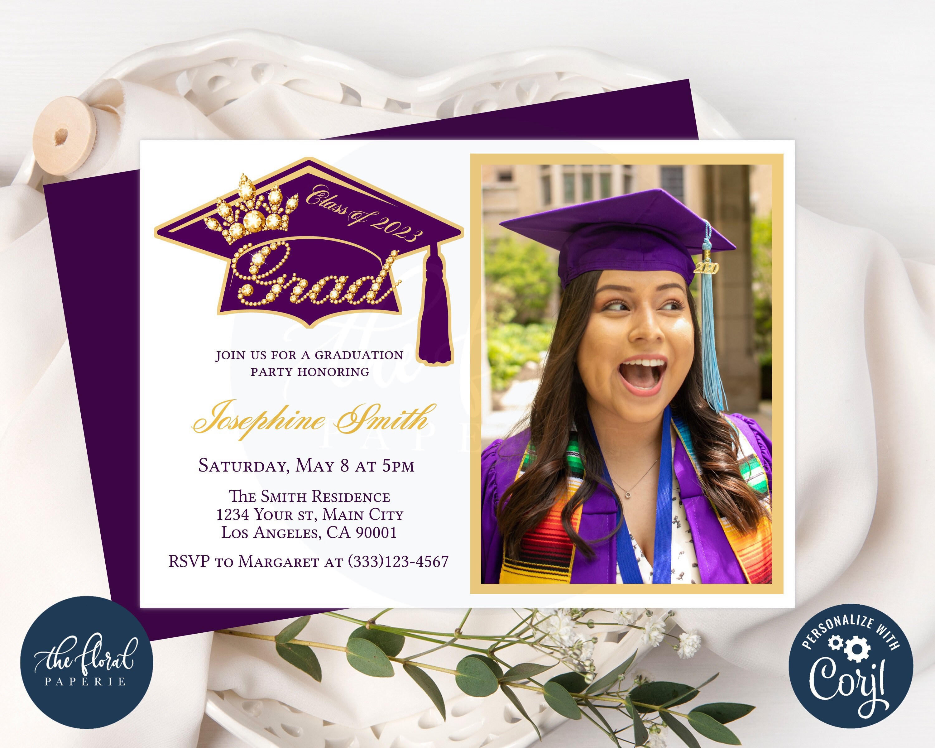 Graduation Party Invitation Template Editable Purple and Gold - Etsy