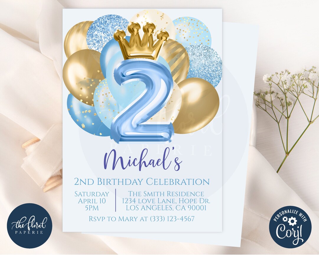 2nd Birthday Invitation Template, Editable Light Blue and Gold Birthday ...