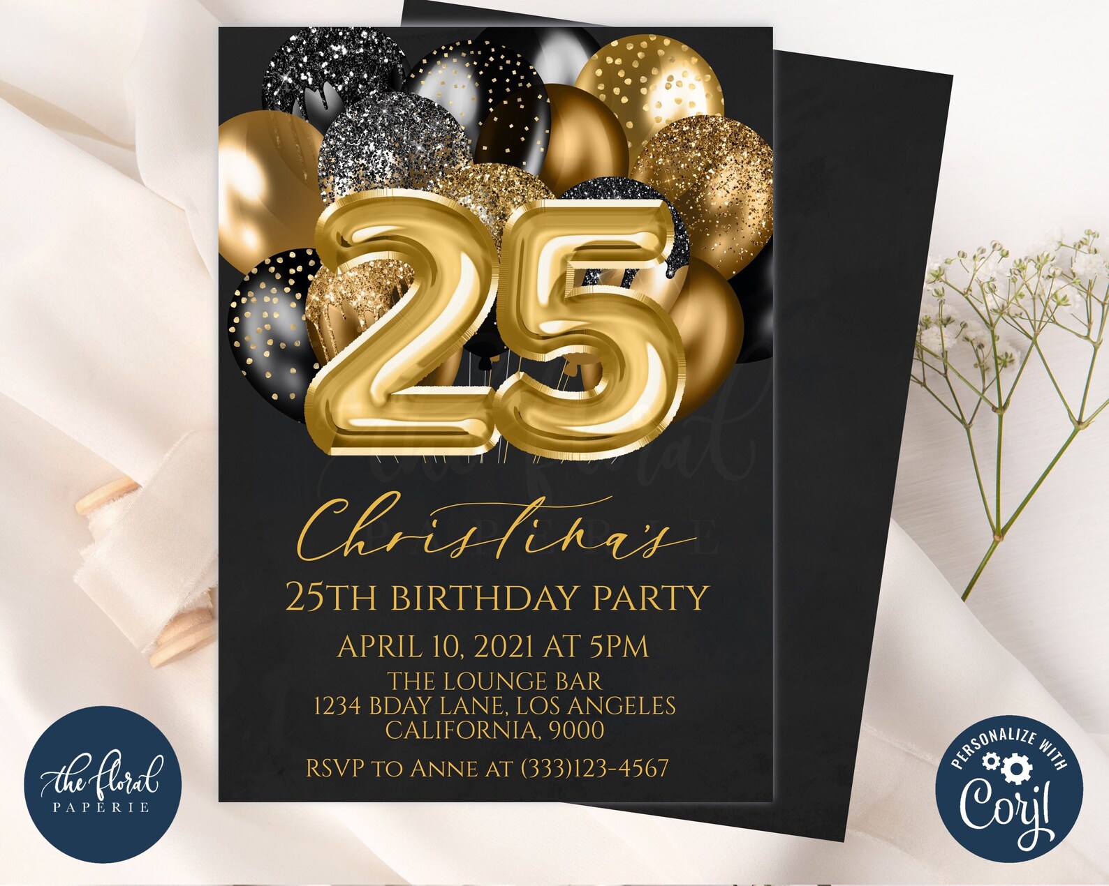 25th Birthday Invitation Template Editable Black and Gold | Etsy