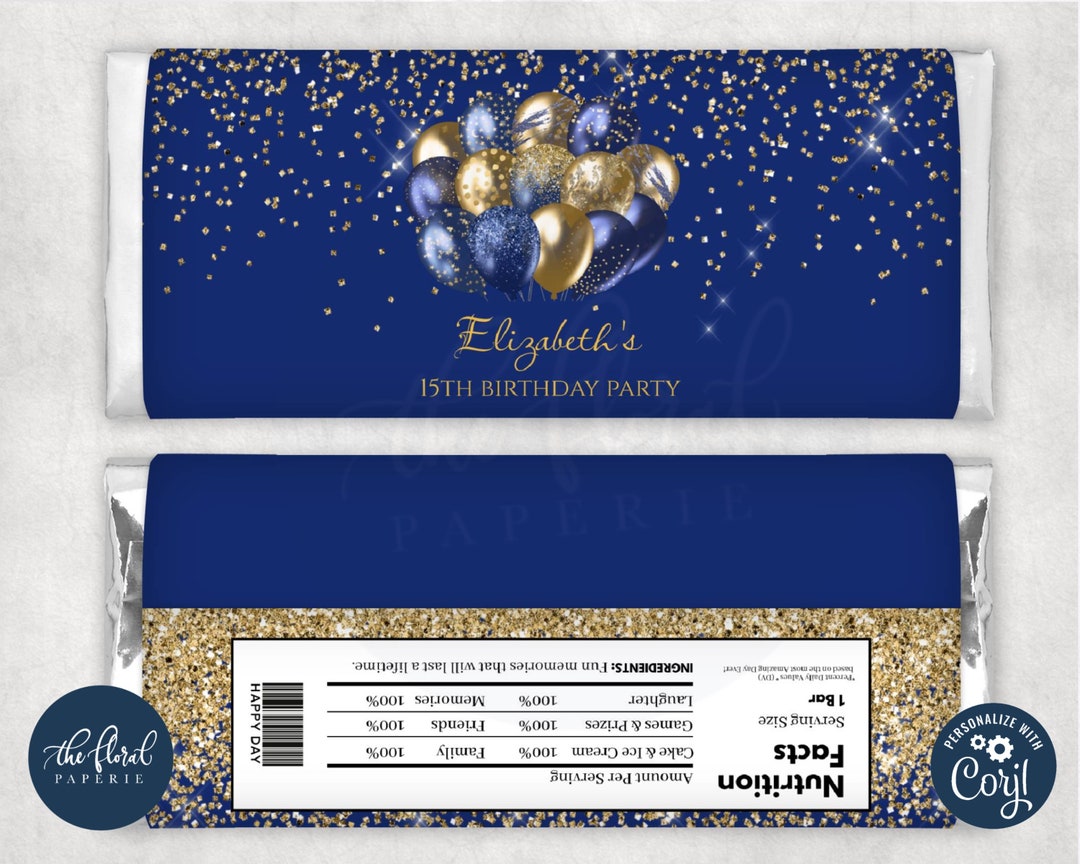 Blue and Gold Chocolate Wrapper Template, Editable Candy Bar Wrapper ...