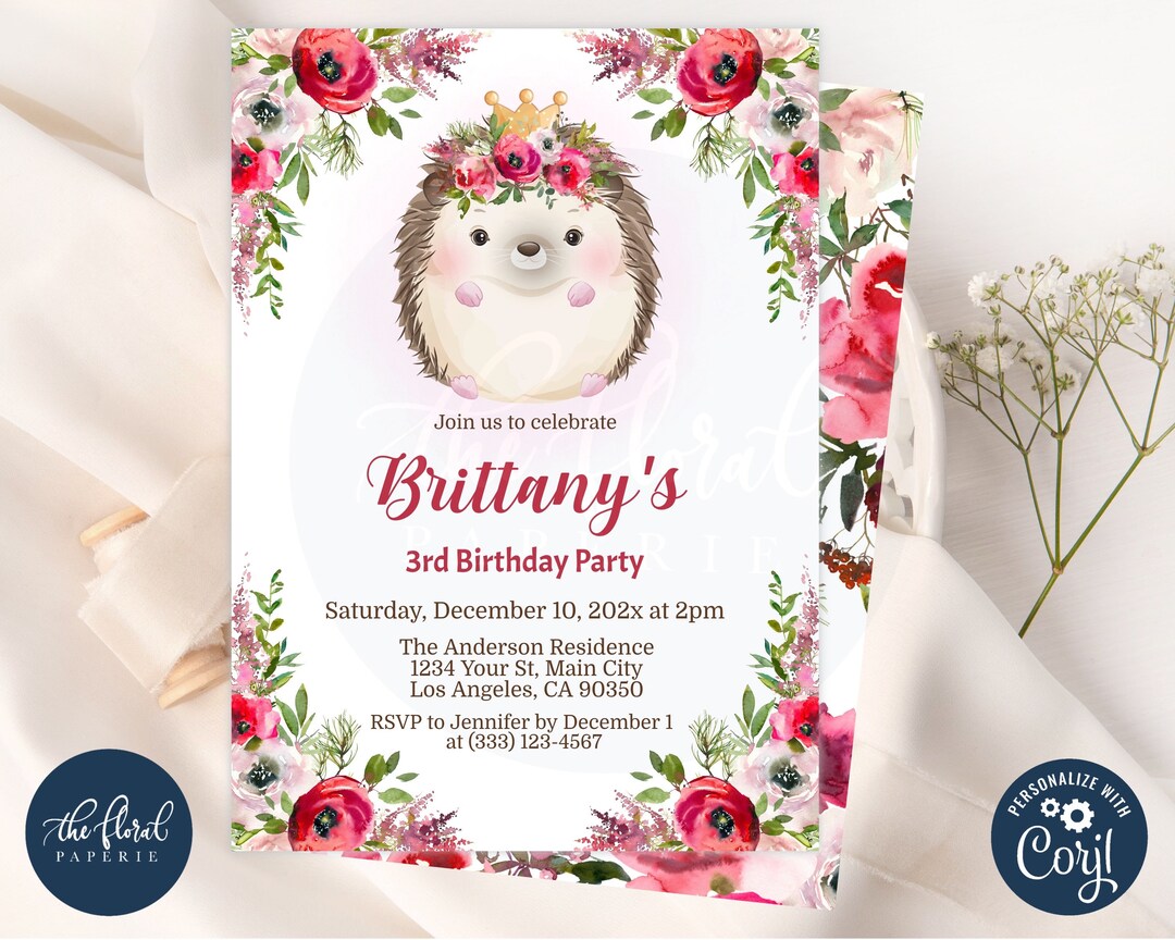 Hedgehog Birthday Invitation Template, Girl Birthday Party Invitation ...